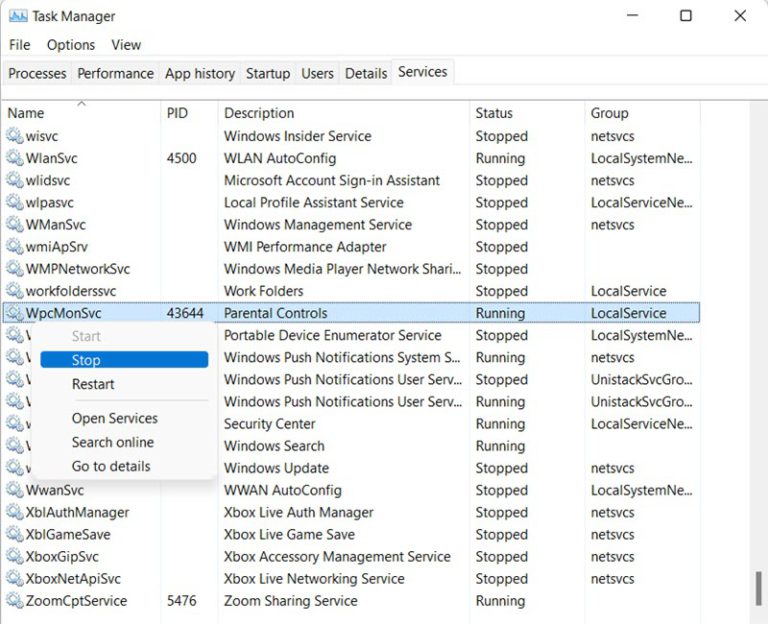 stop parental controls in task manager