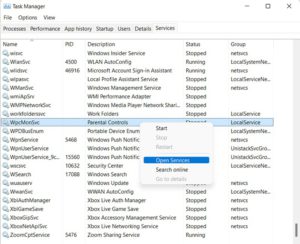 parental controls open services in task manager